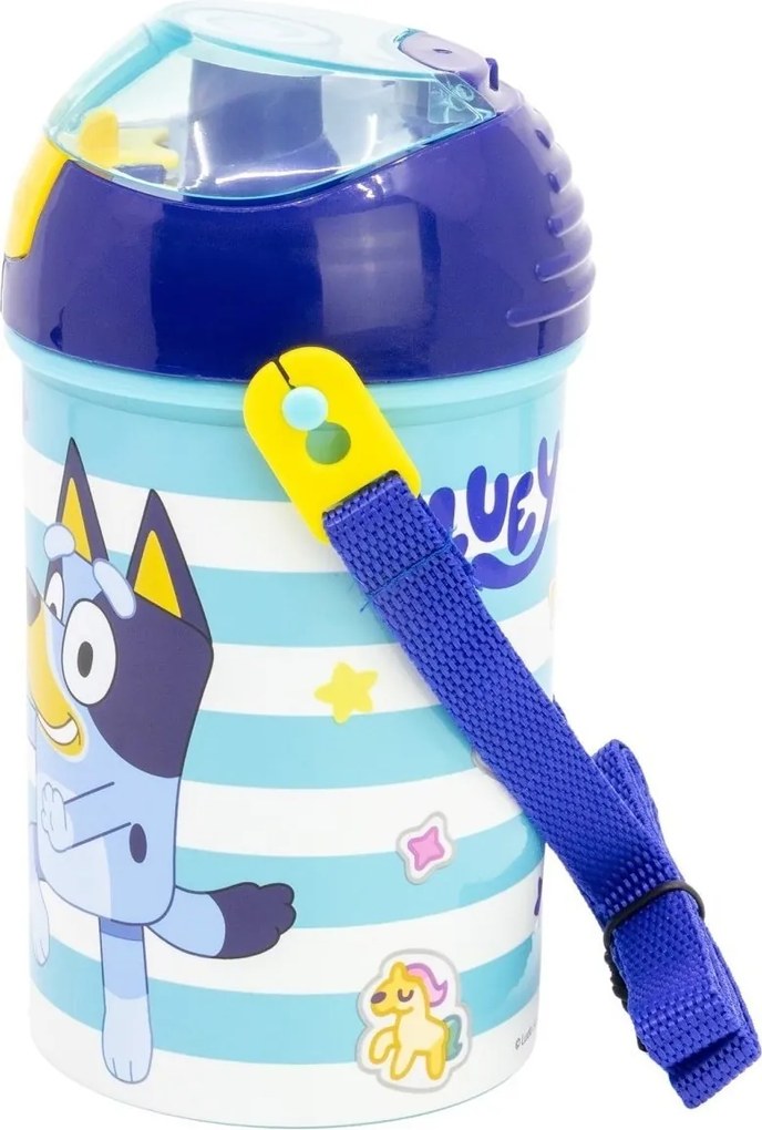 Plastová láhev na pití s brčkem, víčkem a popruhem Bluey - BPA Free - 450 ml