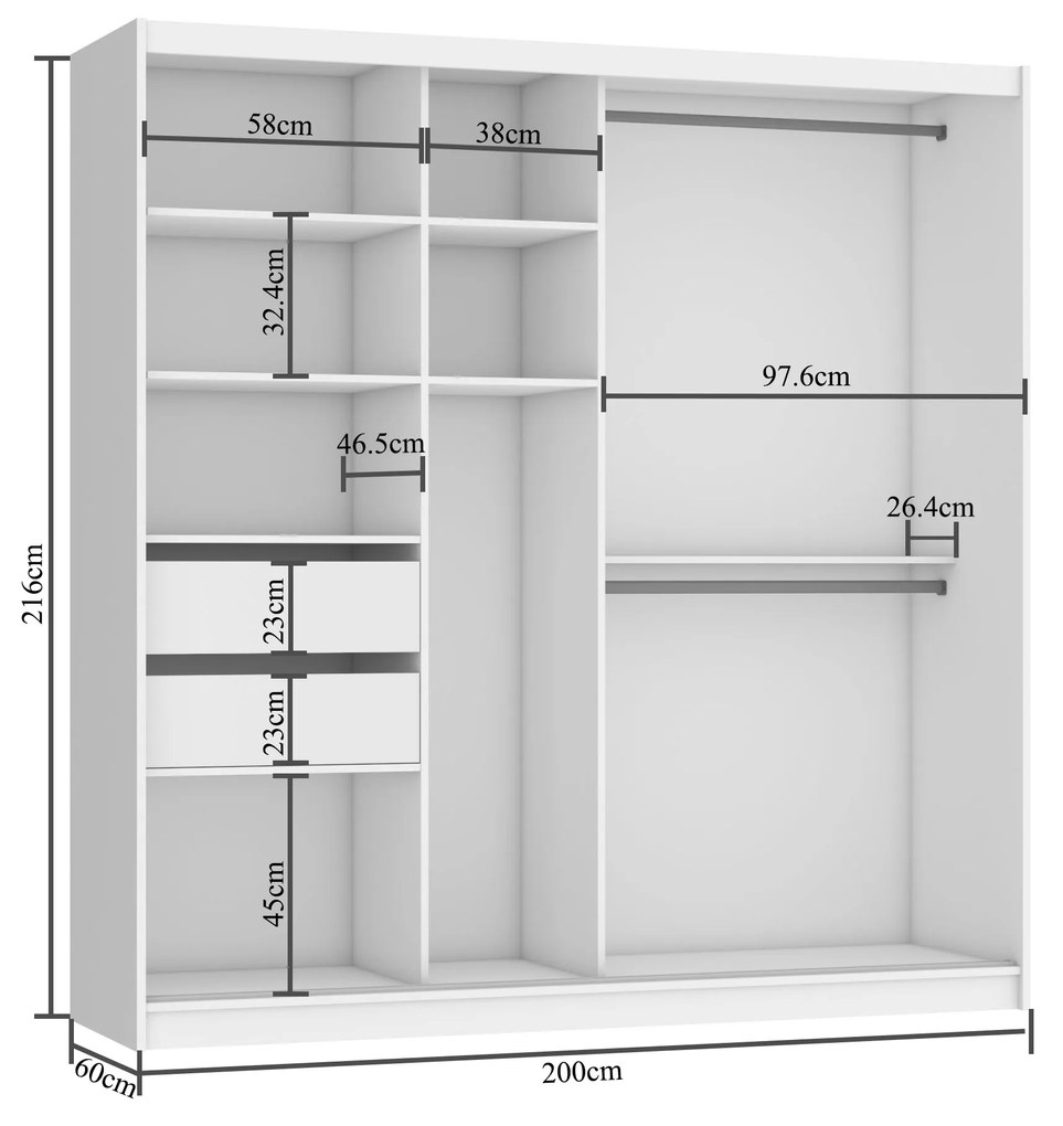 Šatní skříň 200 cm Belini černý mat s posuvnými dveřmi zrcadlem a zásuvkami  MBP SZP5/1/B/B/0/KLP