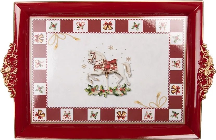 Vánoční servírovací červený podnos vánoční koník - 41*26*3 cm
