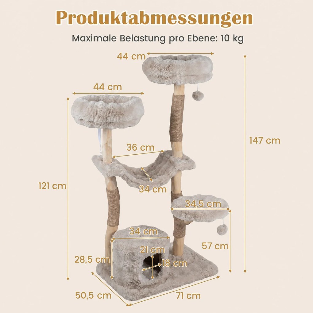 Costway Škrabadlo 147 cm škrabadlo pro kočky s jeskynní houpací sítí
