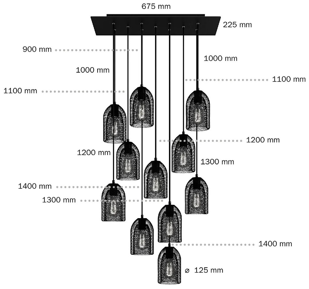 creative cables Závěsná lampa s 11 světly, s obdélníkovým XXL baldachýnem Rose-one, textilním kabelem a kovovými stínidly Ghostbell Barva: Matný černý dibond
