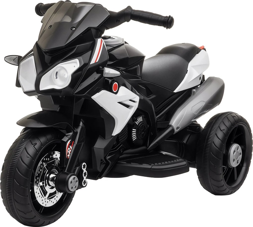 HOMCOM Dětská elektrická tříkolka Trimoto pro děti od 3 let s dobíjecí 6V baterií, hudebním klaksonem a světlomety 86x42x52 cm Černobílá | Aosom