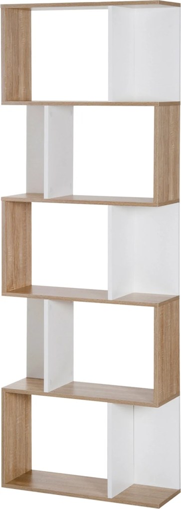 HOMCOM 5-patrová knihovna Dřevěný regál S-tvarovaný Moderní design pro obývací pokoj a kancelář 60x24x184,5 cm Bílá a dřevo | Aosom