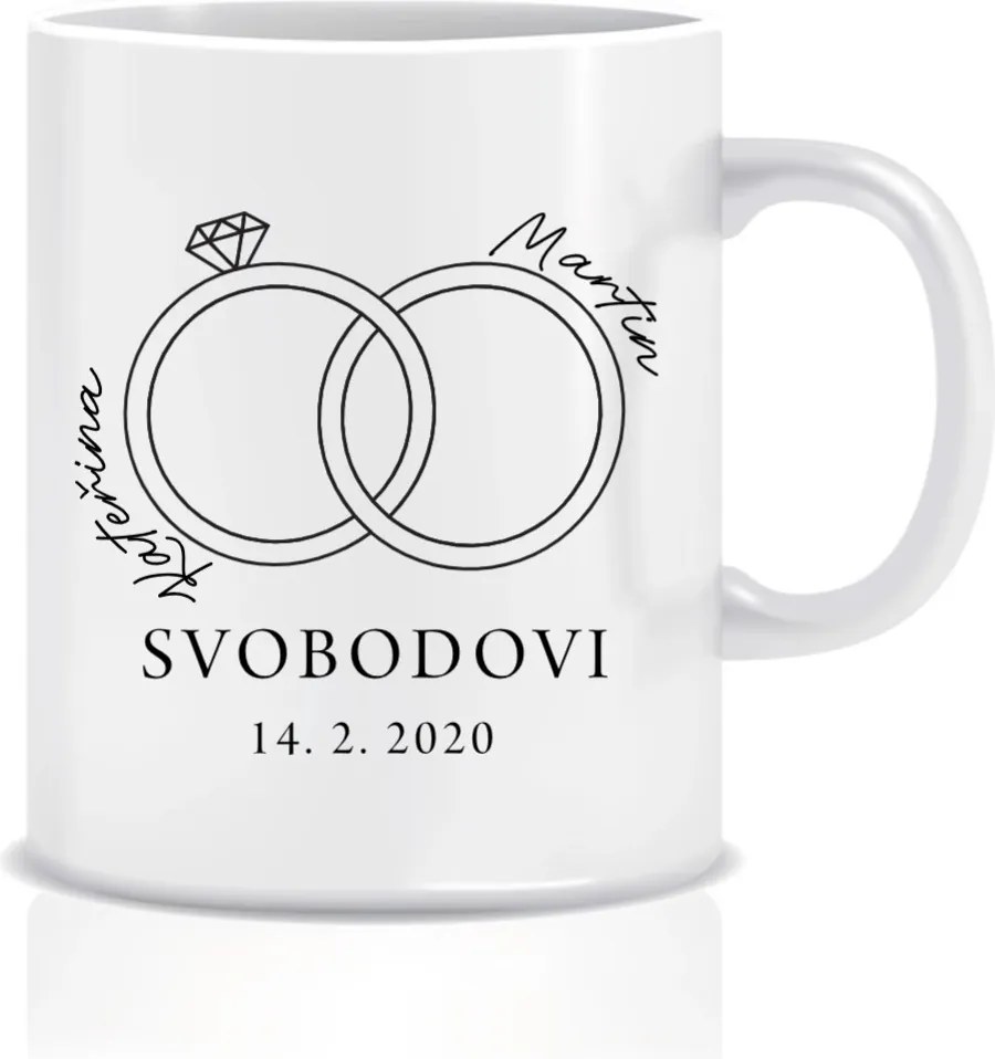 Personalizovaný klasický bílý keramický hrníček 300 ml s prstýnky a jmény