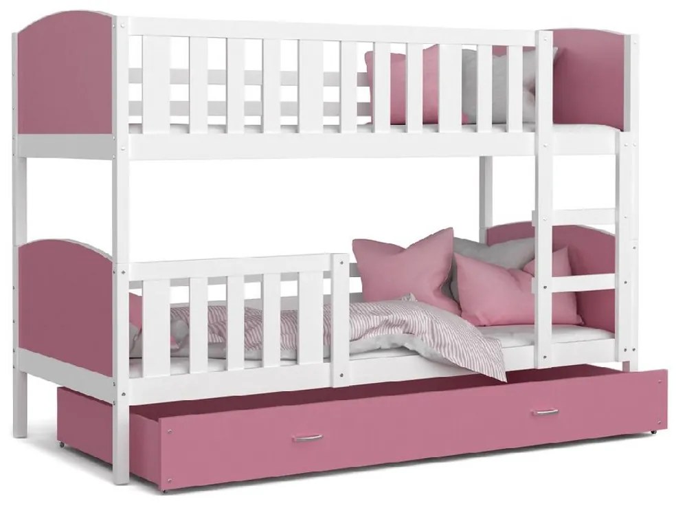 Expedo Dětská patrová postel DOBBY 2 COLOR + matrace + rošt ZDARMA, bílá/růžová, 190x80
