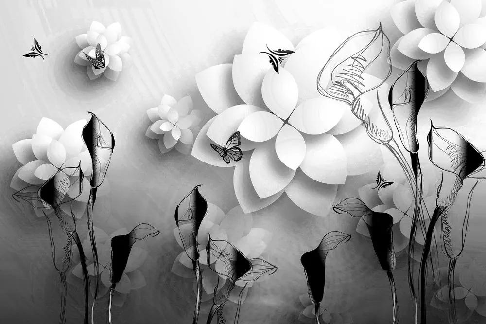 Samolepící tapeta černobílé abstraktní květiny - 150x100 cm