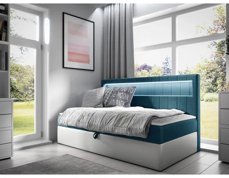Kontinentální jednolůžková postel Junior Ribezo 2, Rozměr postele: 100x200, Barva:: ekokoža Soft 017 (biała) + Fresh 09