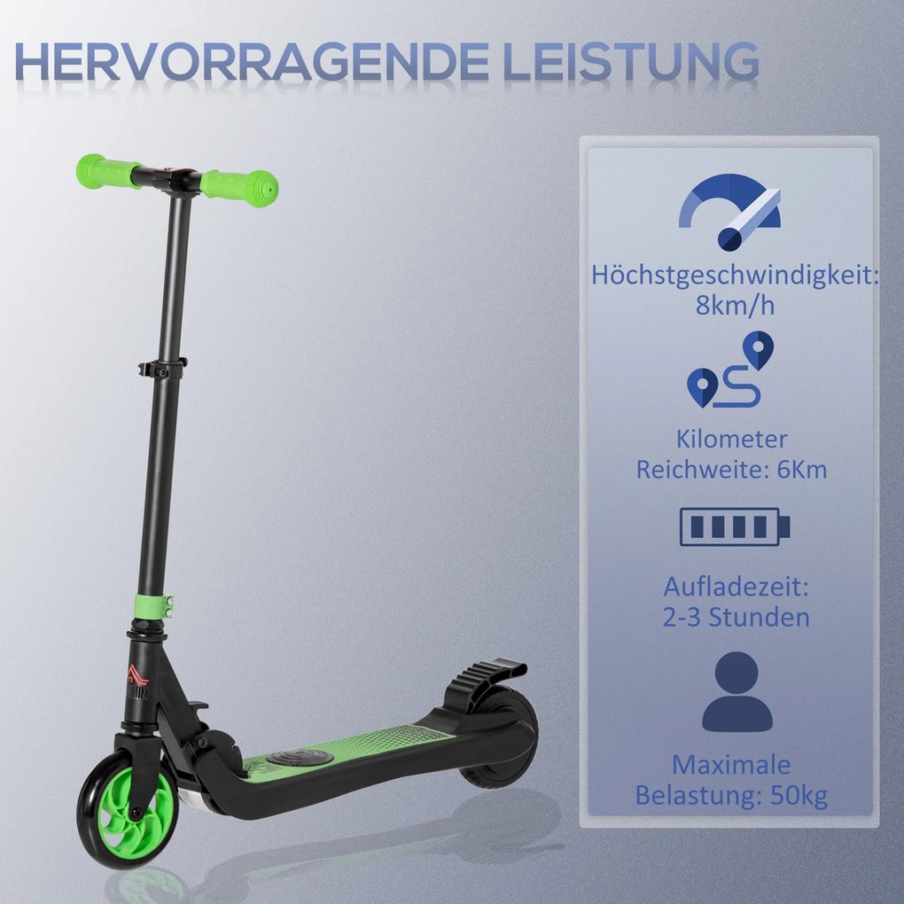 HOMCOM E-koloběžka elektrická koloběžka 120W motor, dojezd 6 km, max. 8 km/h, elektrická koloběžka od 6 let, zelená+bílá