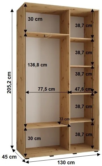Šatní skříň BAYLIN 1 - 130/45 cm, černá / černá / dub artisan