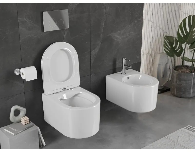 Mexen Sofia, závěsná WC mísa 490x360x355 mm, Rimless Tornádo + toaletní WC sedátko z duroplastu, bílá lesklá, 30540400