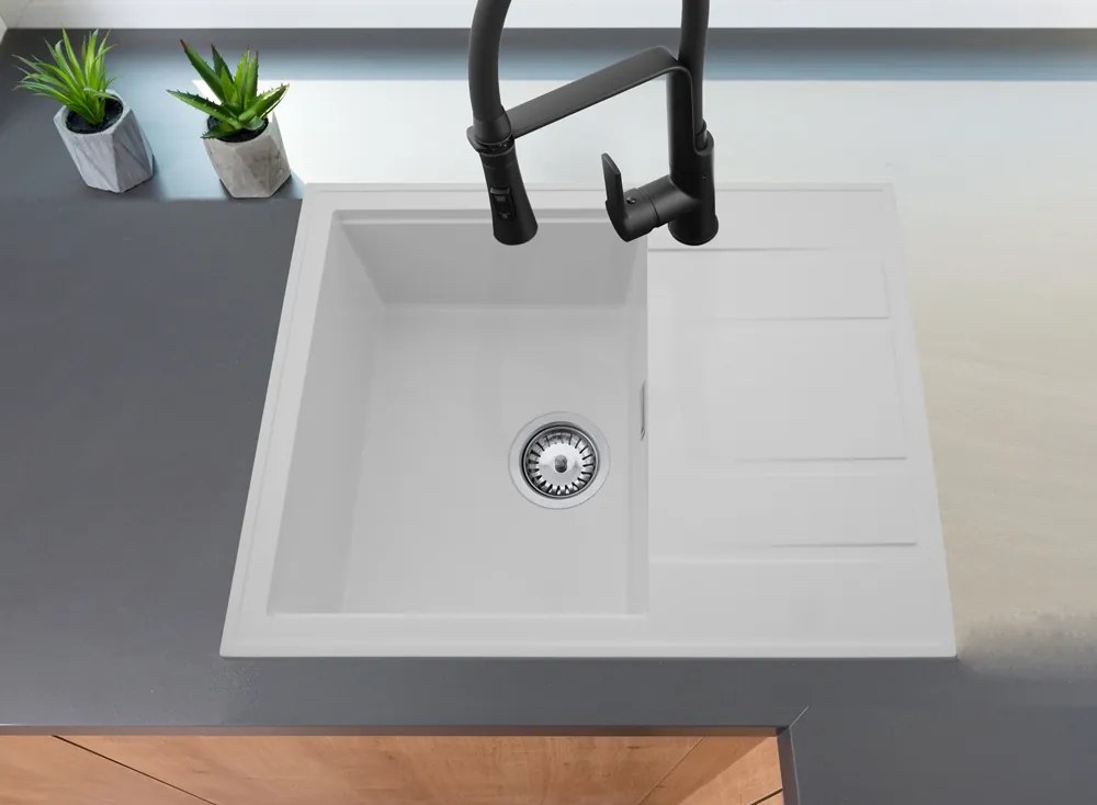 Gamma Modern 6550, 1-komorový granitový dřez 650x500x210 mm s krátkým odkapávačem, bílá, GMA-ZLE000094