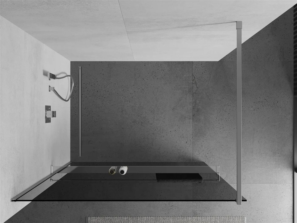 Mexen Kioto+, sprchová zástěna s poličkou a držákem na ručníky 130 x 200 cm, 8mm šedé sklo, chromový profil, 800-130-121-01-40