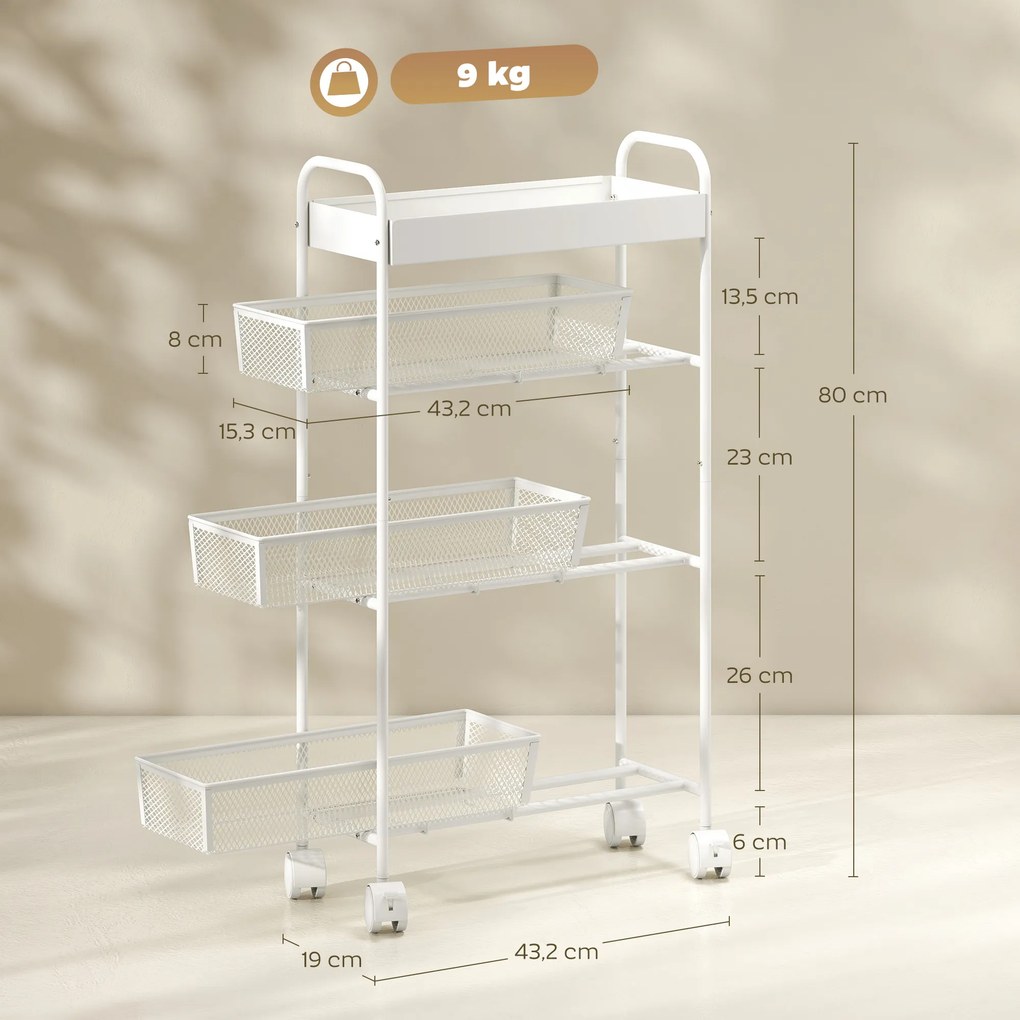 HOMCOM Kuchyňský vozík z kovu, 3 koše, úzký design, 4 kola, pro kuchyň, obývací pokoj, koupelnu, bílý