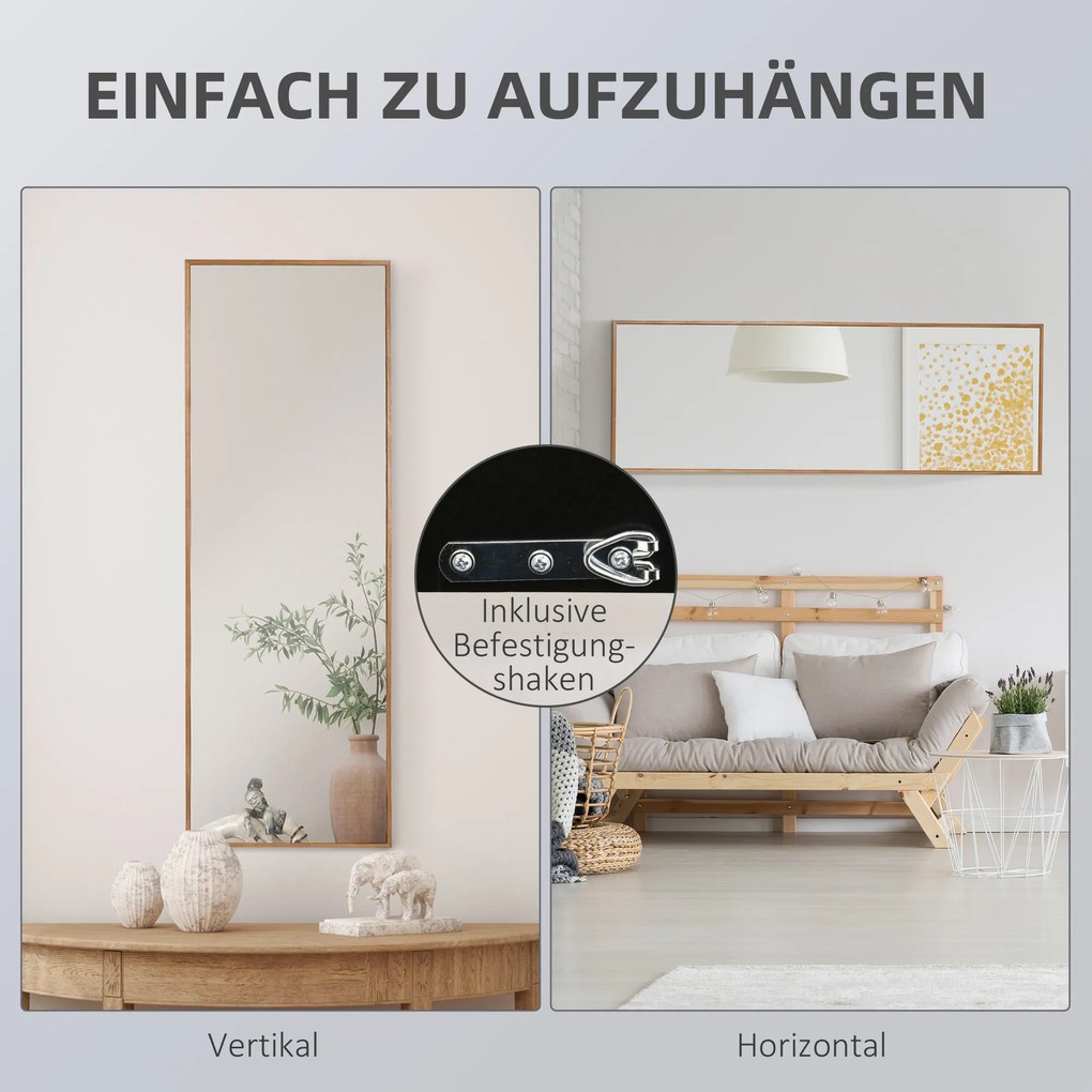 HOMCOM Celoplošné zrcadlo na zeď 125x45cm s dřevěným rámem v přírodní barvě do šatní skříně, předsíně nebo ložnice