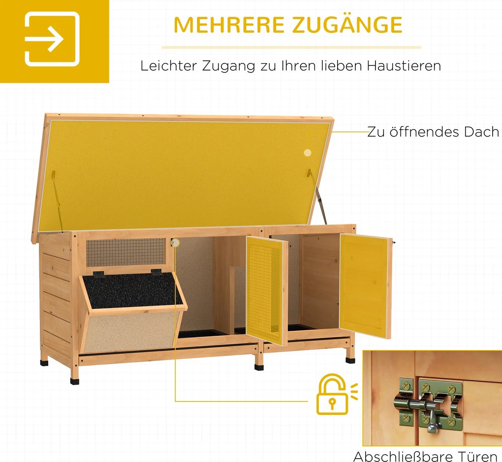 Klec pro malé zvířata PawHut s podnosem a asfaltovou střechou, venkovní i vnitřní, z jedlového dřeva, Přirodní+Černá 112 x 50 x 54 cm