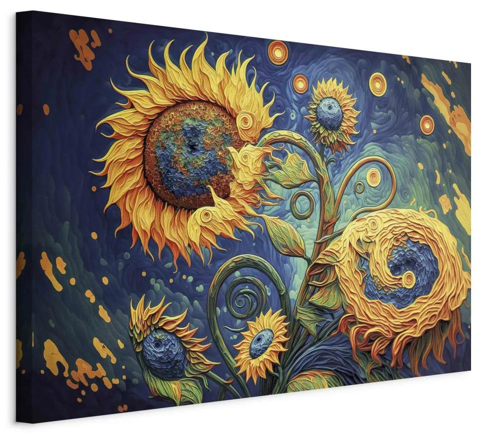 Obraz XXL Slunečnice v noci - květinová kompozice v stylu van Gogha