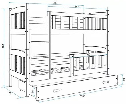 Dětská patrová postel KUBUS s úložným prostorem 90x200 cm - borovice Ružové