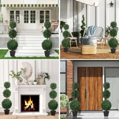 HOMCOM Sada 2 umělých stromů 101,6 cm, 3 kouličkové buxus topiary rostliny, umělá rostlina zelená PE s vnitřním a venkovním květináčem