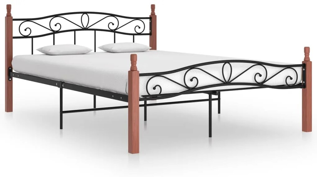 324907 vidaXL Rám postele černý kov a masivní dubové dřevo 140 x 200 cm