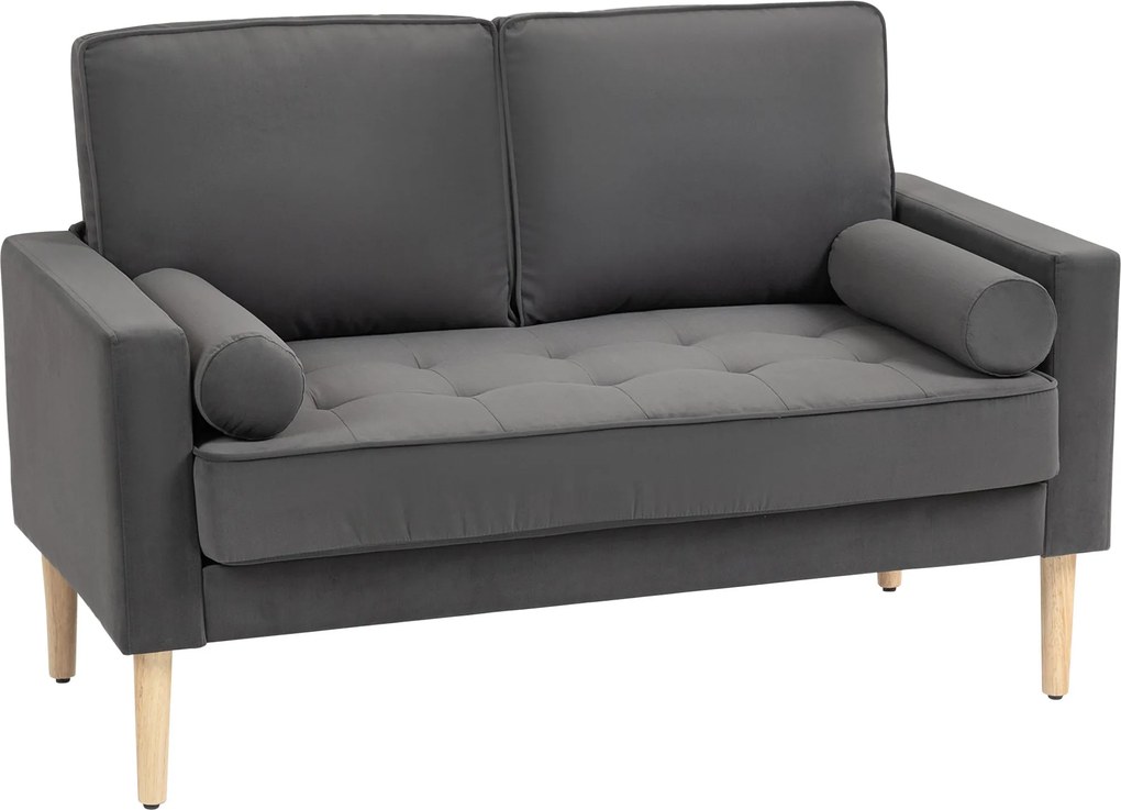 HOMCOM Moderní sametová pohovka pro 2 osoby 127 cm, silné pružinové polštáře, dřevěné nohy z kaučukovníku, 2 polštáře a prošívané sedadlo, pohovka pro