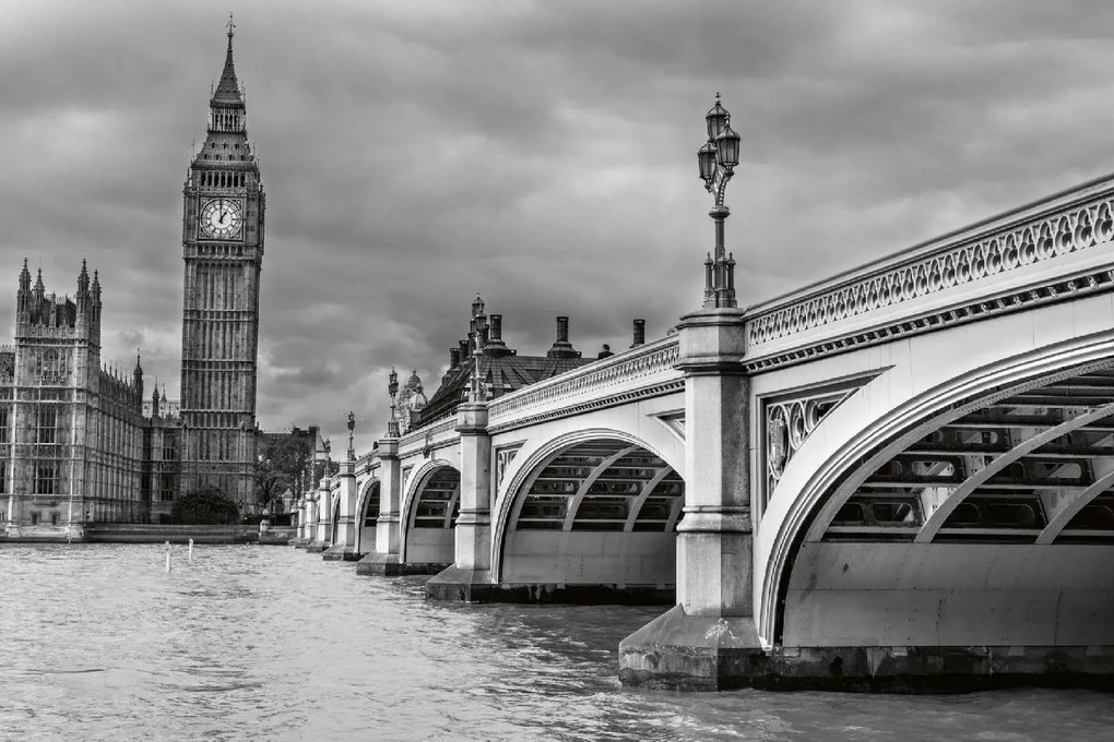 DIMEX | Vliesová fototapeta Westminster Bridge MS-5-0651 | 375 x 250 cm| bílá, černá