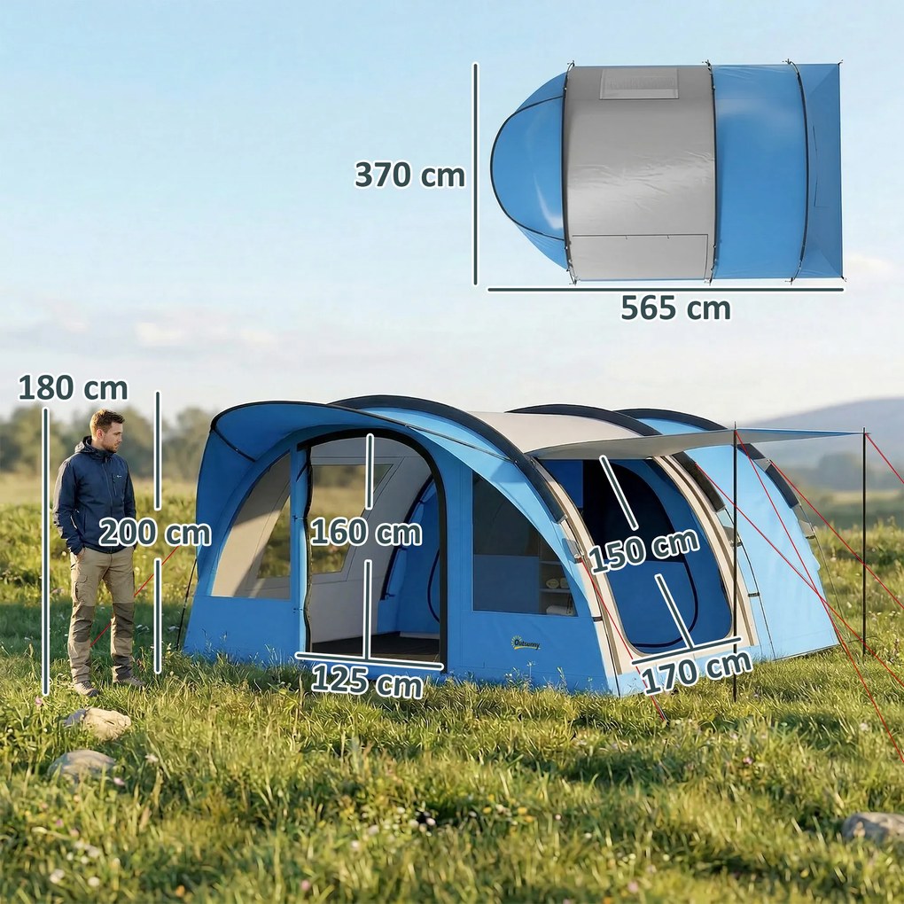 Rodinný tunelový stan Outsunny pro 4 osoby s obytným prostorem, odnímatelnou přepážkou, okny a integrovanou podlážkou — vodní sloupec 3000 mm (světle…