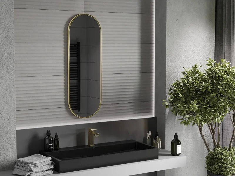 Mexen Loft, oválné koupelnové zrcadlo 100 x 35 cm, barva rámu zlatá lesklá, 9851-100-035-000-50