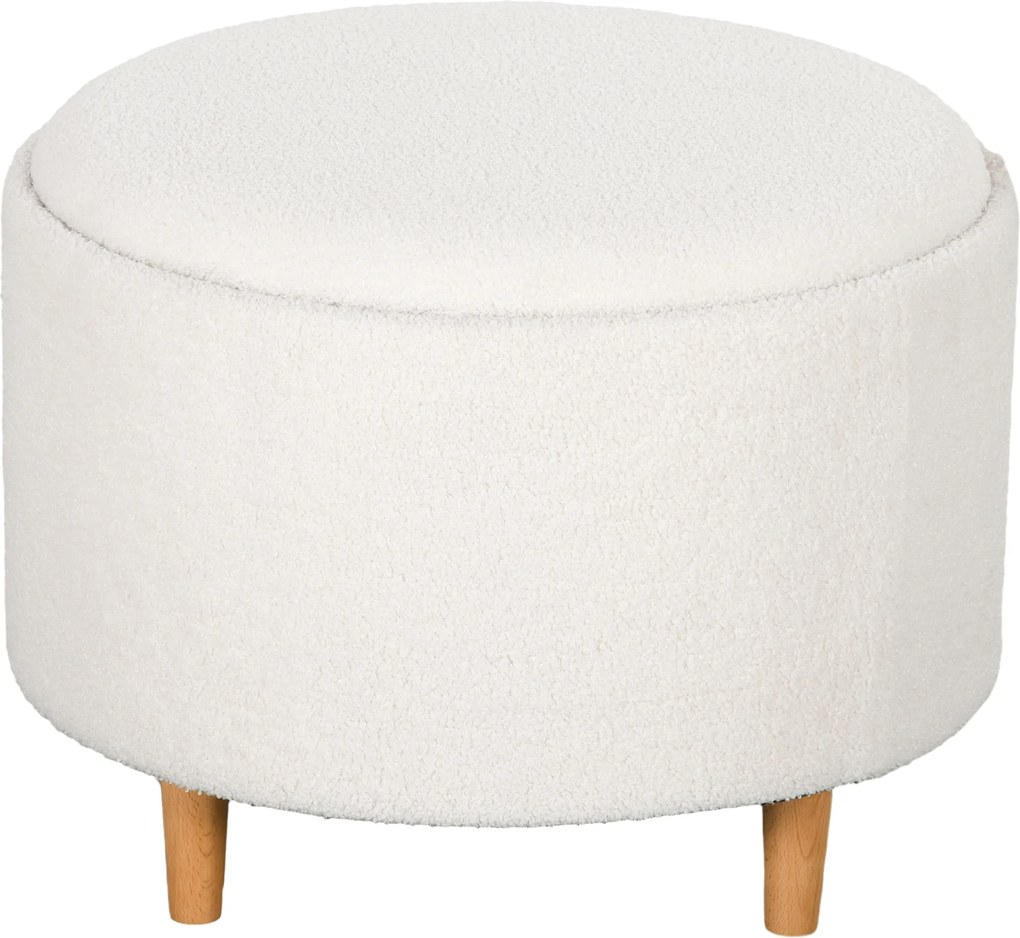 HOMCOM taburet Ø56 x 42 cm, kulatý čalouněný taburet s úložným prostorem a odklápěcím víkem, dřevěné nohy, ideální do obývacího pokoje a ložnice, bíl…