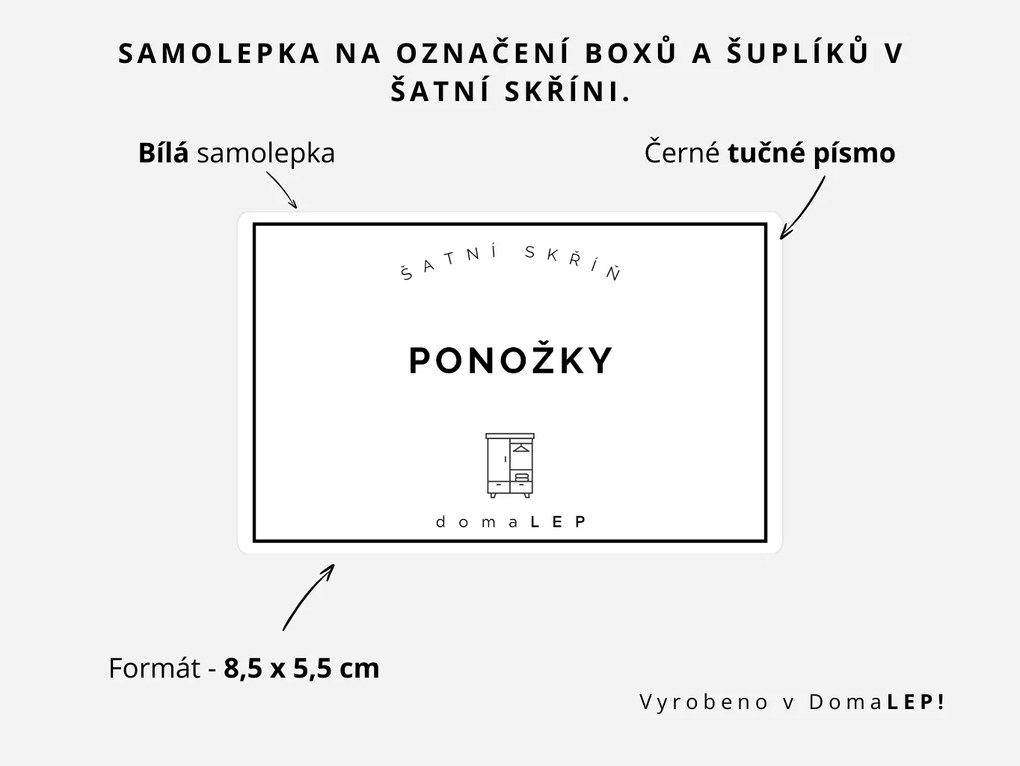 PONOŽKY - Samolepka na šuplíky a boxy do šatní skříně, 8,5 x 5,5 cm - DomaLEP varianta: SAMOLEPKA, barva: PRŮHLEDNÁ - ČERNÉ písmo, velikost: š. 8,5 cm x v. 5,5 cm - tučné písmo