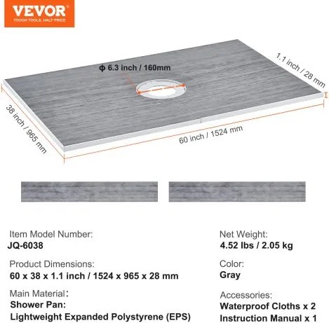 Souprava sprchového obrubníku, 1524 × 965 mm Souprava sprchové vaničky se 160 mm