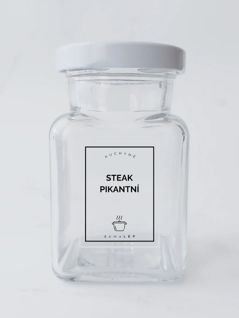 Samolepka na kořenky STEAK PIKANTNÍ průhledná 3 × 4 cm tučné písmo