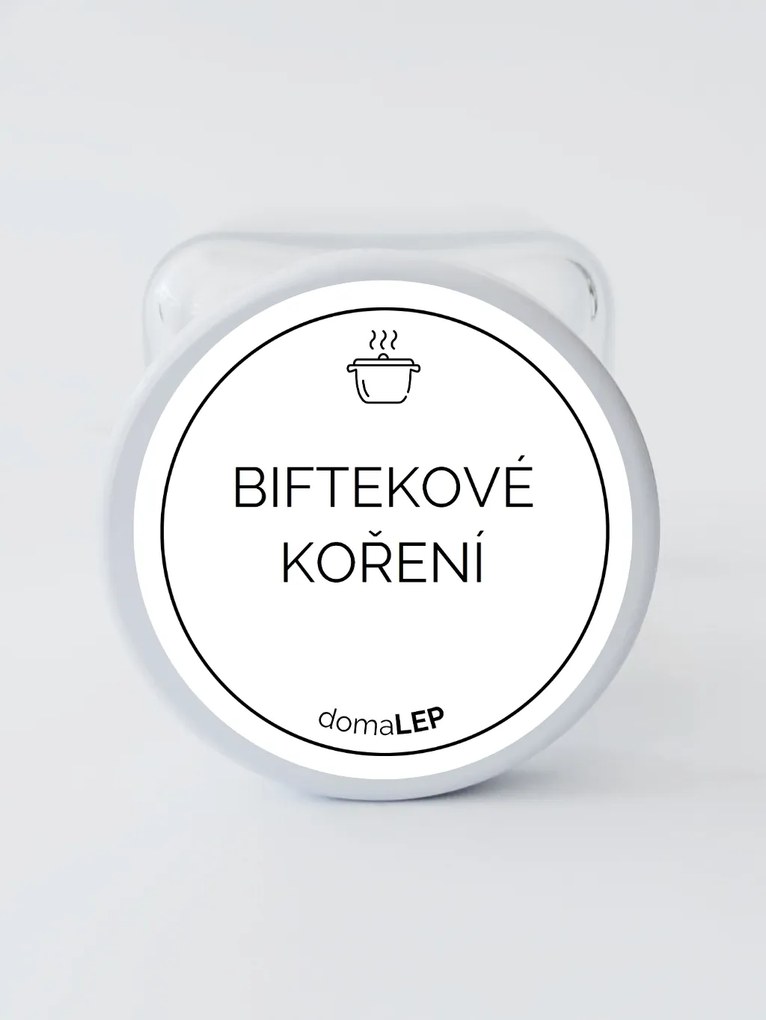 Samolepka na kořenky BIFTEKOVÉ KOŘENÍ bílá 5 cm základní písmo