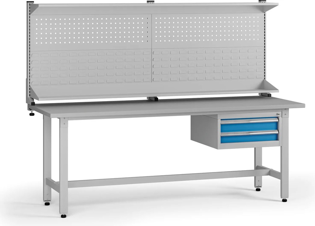Výškově nastavitelný dílenský stůl G5 s nástavbou, 2100 x 750 x 800-1000 mm, 1x kontejner, 2 zásuvky, modrá