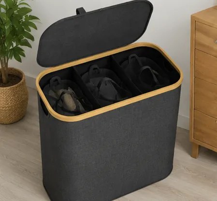 koš na prádlo, objem 110+ l, s víkem, 3 odnímatelné tašky, látka/bambus, 75x43x32 cm, šedá/přírodní, Dekorino KP20260003