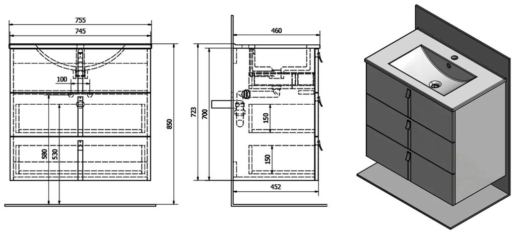 Sapho MITRA umyvadlová skříňka s umyvadlem, 3 zásuvky, 150x70x46 cm, bordó 2XMT0831601-150