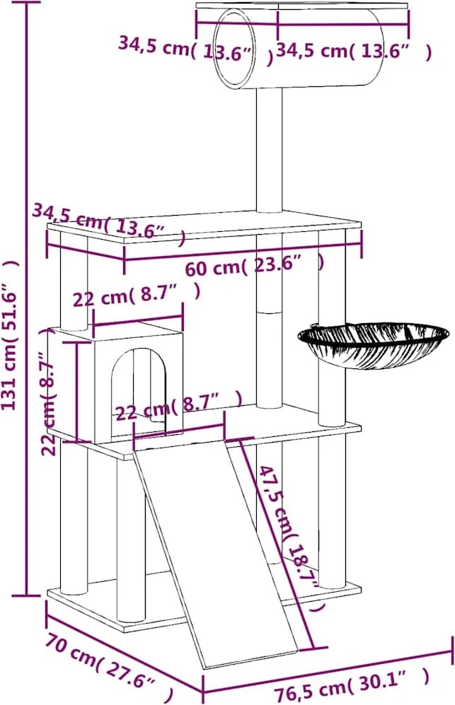 Škrabadlo pro kočky se sisalovými sloupky světle šedé 131 cm 171604