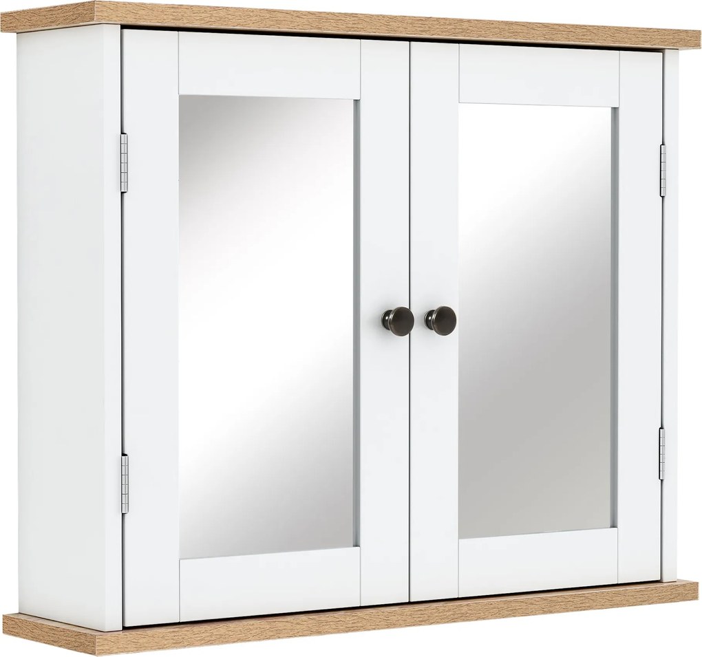 Nástěnný koupelnový kabinet kleankin se zrcadlem 2 úrovně s 1 nastavitelnou policí a 2 dřevěnými dveřmi - rozměr 56 š x 14 h x 46 v cm