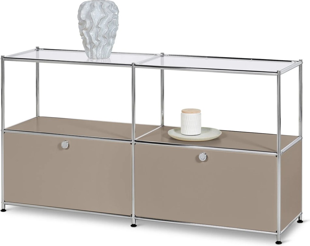 Tchibo - Kovová odkládací skříňka »Cn3« se 2 výklopnými dvířky a skleněnými policemi, hnědošedá