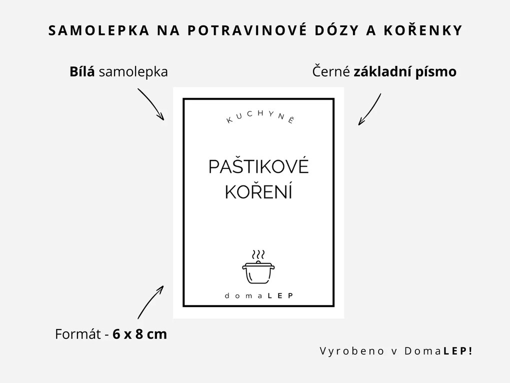 PAŠTIKOVÉ KOŘENÍ - omyvatelná samolepka na kořenky, výběr rozměrů Ø 5 cm / 5 x 5 cm / 6 x 8 cm | DomaLEP tvar: ČTVEREC, barva: BÍLÁ - ČERNÉ písmo, velikost: š. 5 cm x v. 5 cm - tučné písmo