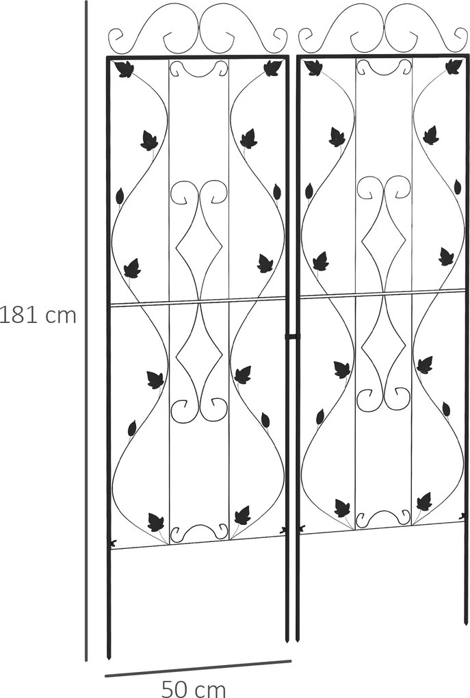 Ocelová mřížka sada 2 nerezových podpěr pro popínavé rostliny s listy 50 x 181 cm černá