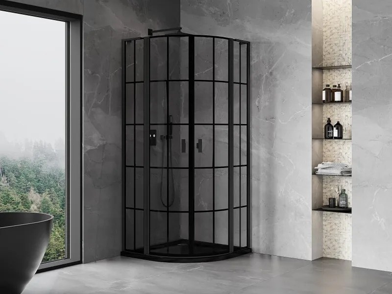Mexen Mist L, čtvrtkruhový sprchový kout s 2-křídlými dveřmi, 80 x 80 cm, 8mm čiré sklo, černý profil, 8A32L-080-080-70-77