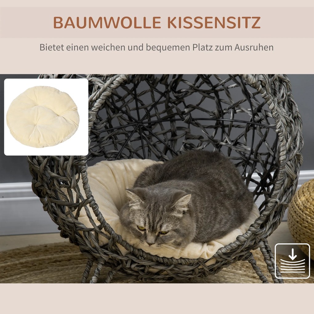 PawHut ratanový domeček pro kočky Elegantní kočičí jeskyně s polštářem, vyvýšené nohy, stříbrně šedá, Ø52x58cm| Aosom