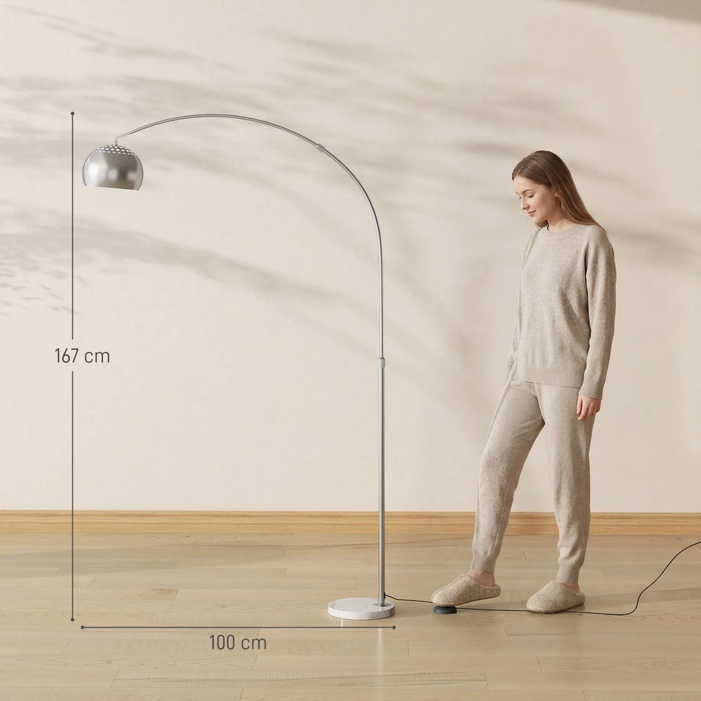 HOMCOM Stojací lampa, obloukový design s mramorovou základnou, 167 cm, stříbrná