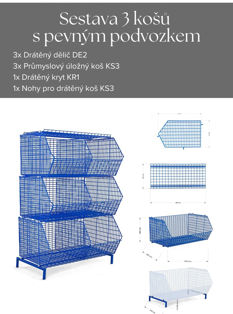 FEROPLAST spol. s.r.o Průmyslový úložný koš KS3, kompletní set 3 košů na pevných nohách