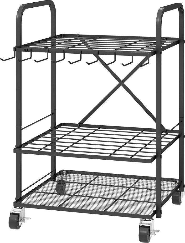 Organizér na zahradní nářadí Outsunny s 9 háčky, držák na 40 nástrojů, kovový regál na kolečkách do garáže pro nůžky, lopaty, hrábě, černý