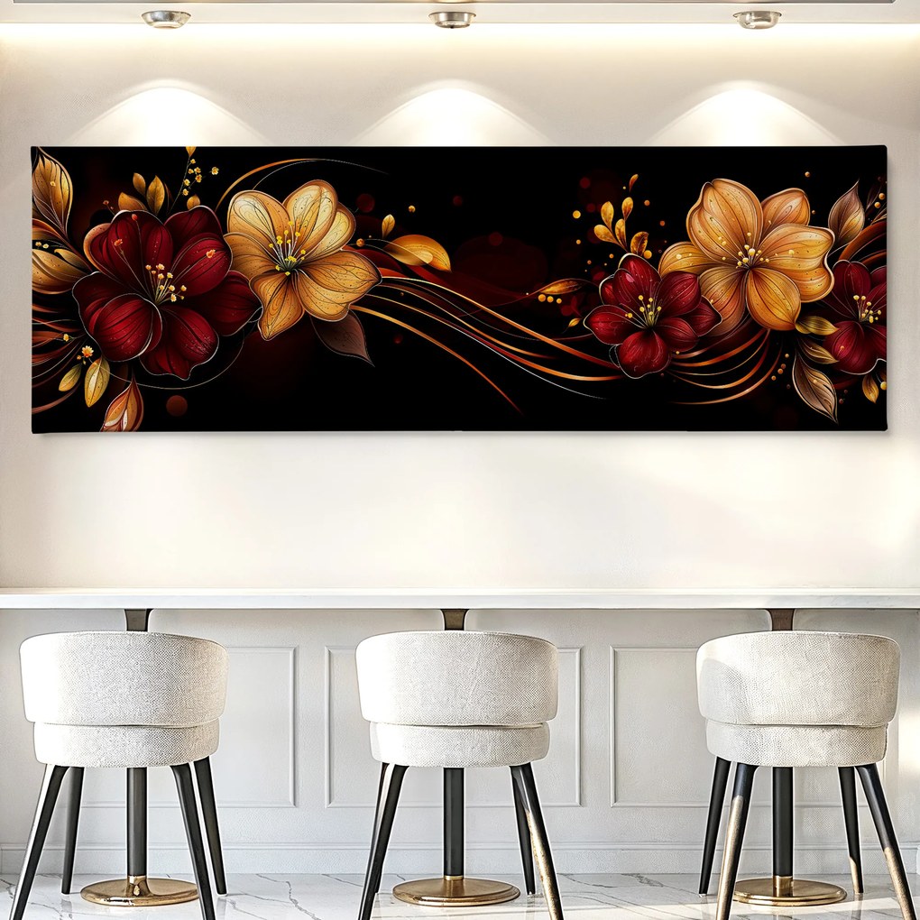 Obraz na plátně - Zlato červené jemné kvítky FeelHappy.cz Velikost obrazu (šířka x výška): 180 x 60 cm