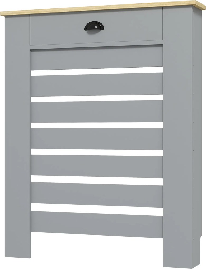 HOMCOM kryt radiátoru z MDF s lamelami, mřížkový kryt se zásuvkou, 78x19x95,5 cm, šedý