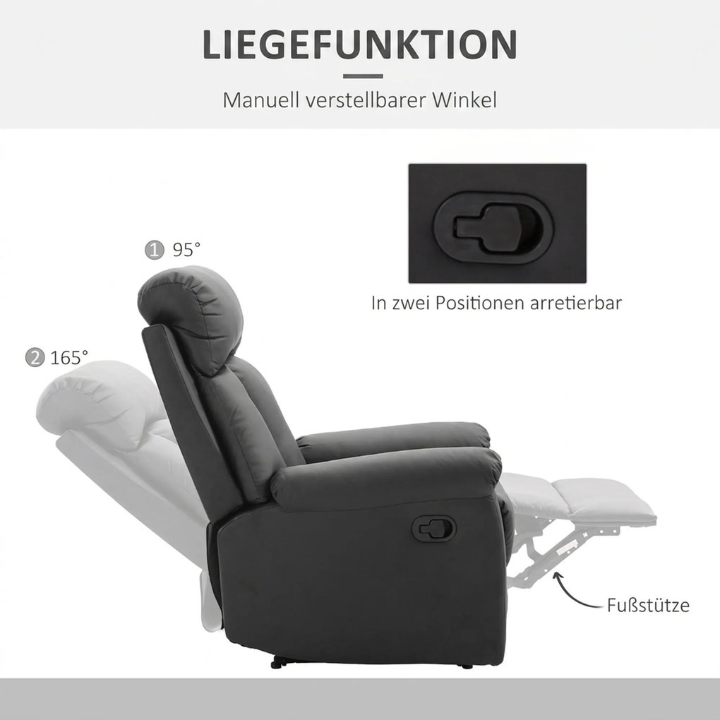 HOMCOM Relaxační křeslo, televizní křeslo s funkcí ležení, manuálně nastavitelný odpočinkový křeslo z umělé kůže do obývacího pokoje, černá