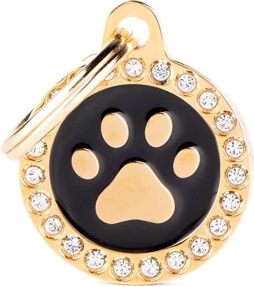 Známka pro psy a kočky MY FAMILY Zlatá s tlapkou a kamínky Swarovski