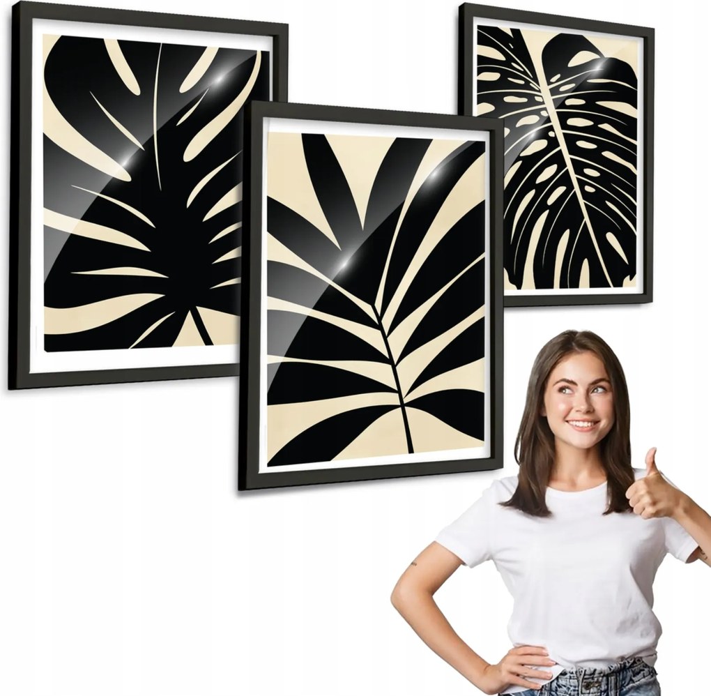 Sada 3 obrazů vzor Rostlina Monstera černý rámeček 50x70 na plexi triptych